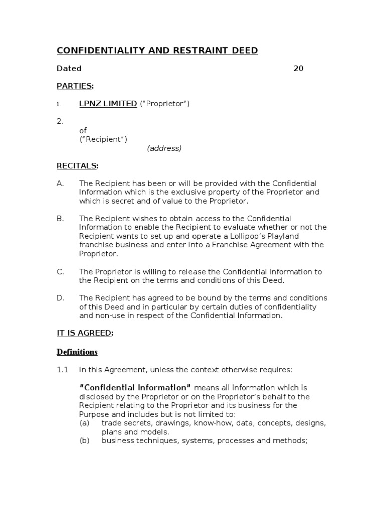 Confidentiality and Restraint Deed: Dated 20 Parties: LPNZ Limited ...