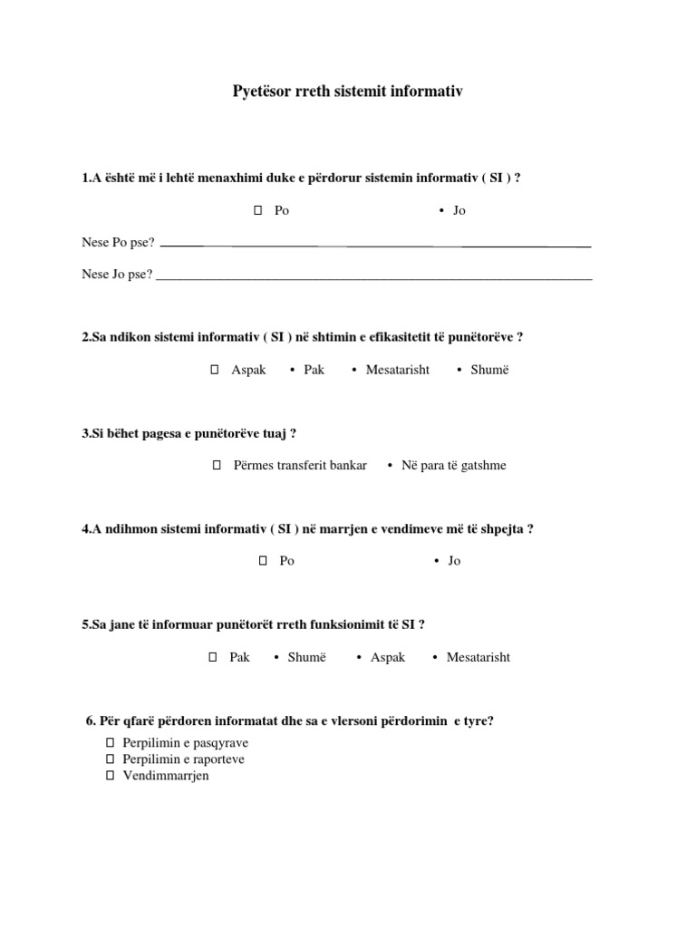 Pyetësor rreth sistemit informativ