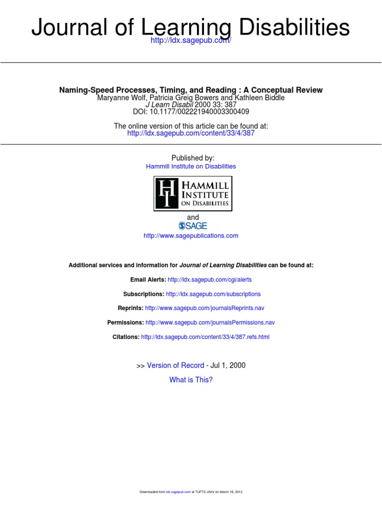 Naming-Speed Processes, Timing, and Reading: A Conceptual Review | PDF | Dyslexia | Reading ...