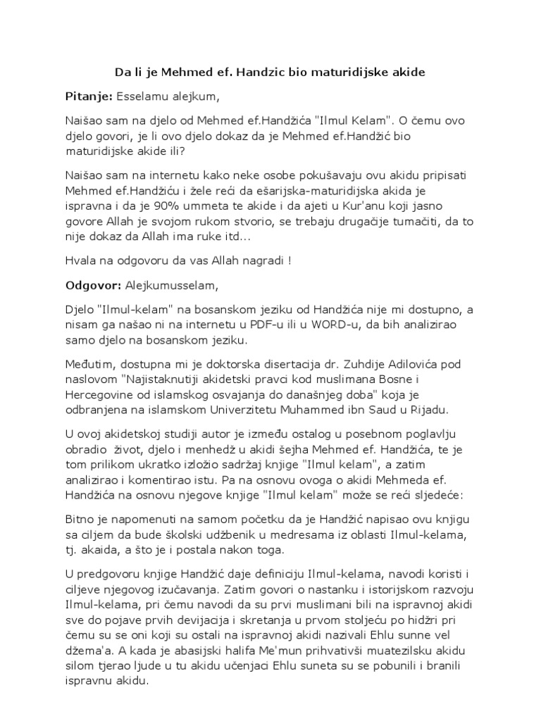 Da Li Je Mehmed Ef. Handzic Bio Maturidijske Akide | PDF