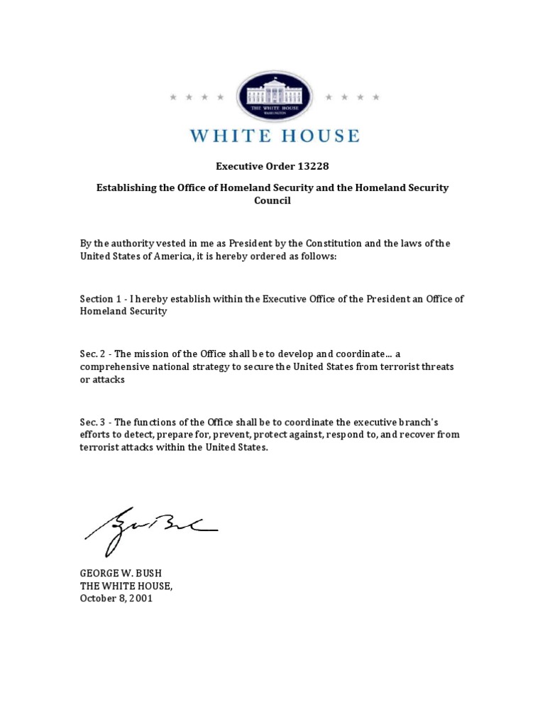 Executive Order 13228 Establishing The Office of Homeland Security and ...