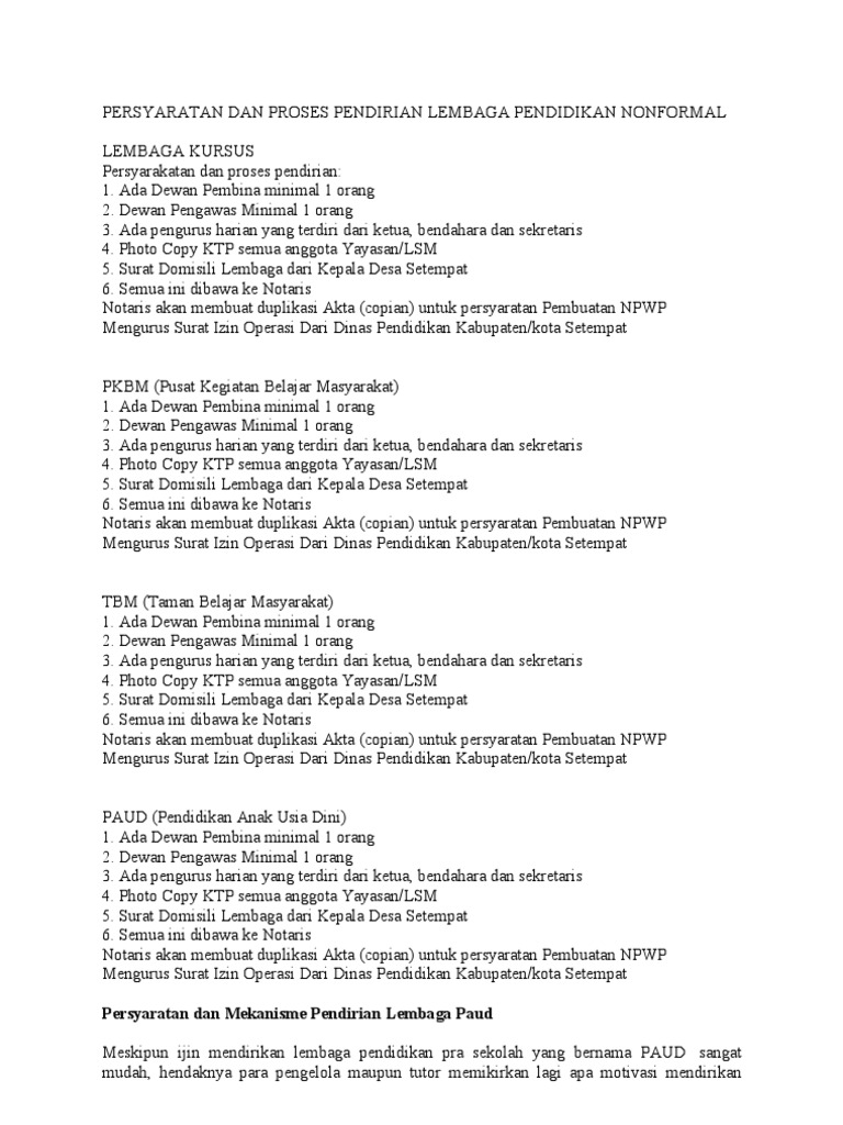 Panduan Pendirian Lembaga Pendidikan Nonformal | PDF