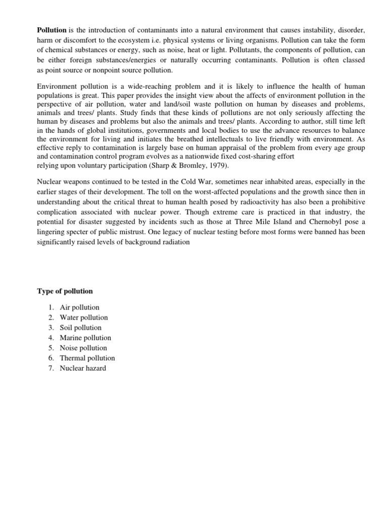 Pollution Is The Introduction of Contaminants Into A Natural ...