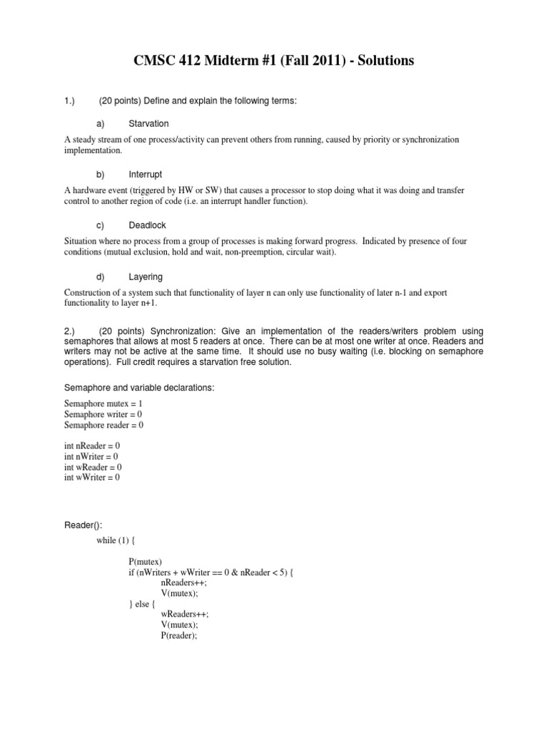 CMSC 412 Midterm #1 (Fall 2011) - Solutions | PDF | Thread (Computing) | Scheduling (Computing)
