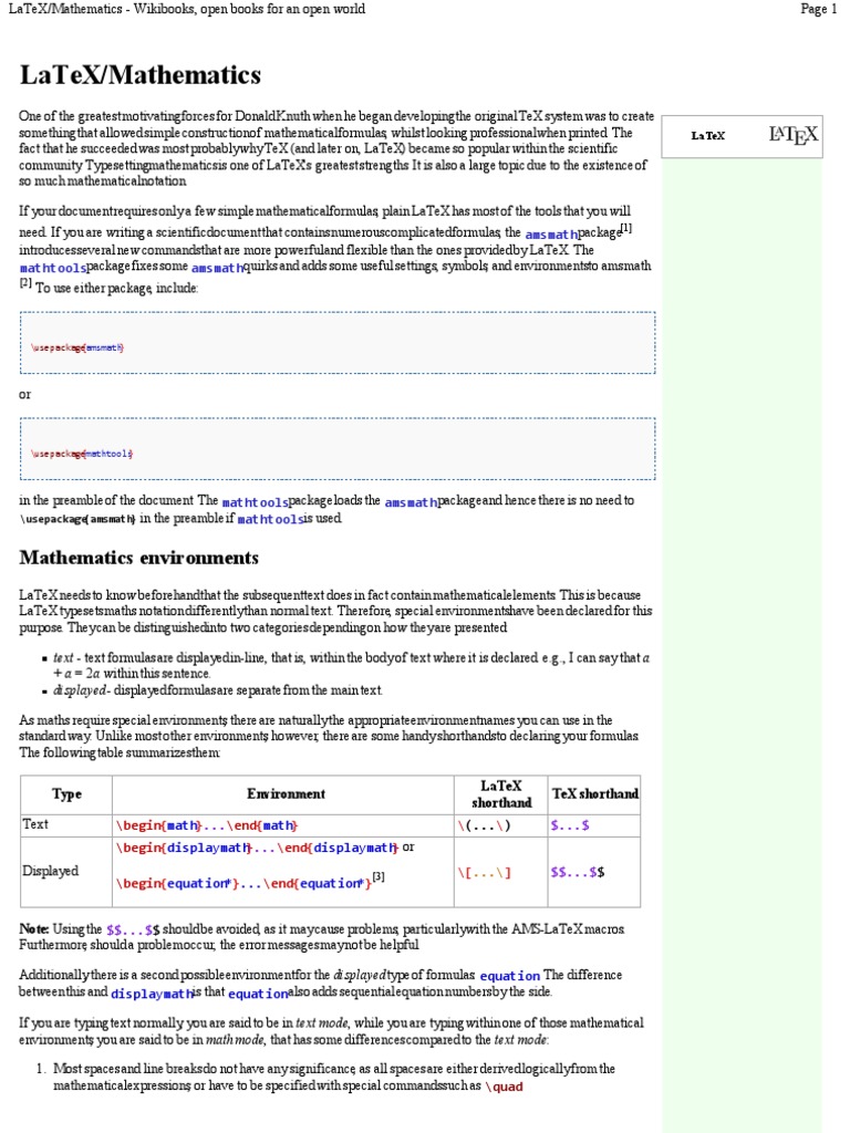 LaTeX - Mathematics - Wikibooks, Open Books For An Open World | PDF ...