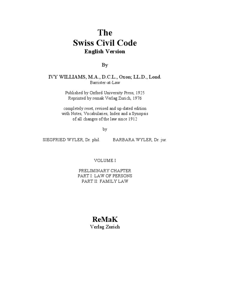 Swiss Civil Code: English Edition Overview | PDF | Legal Personality ...