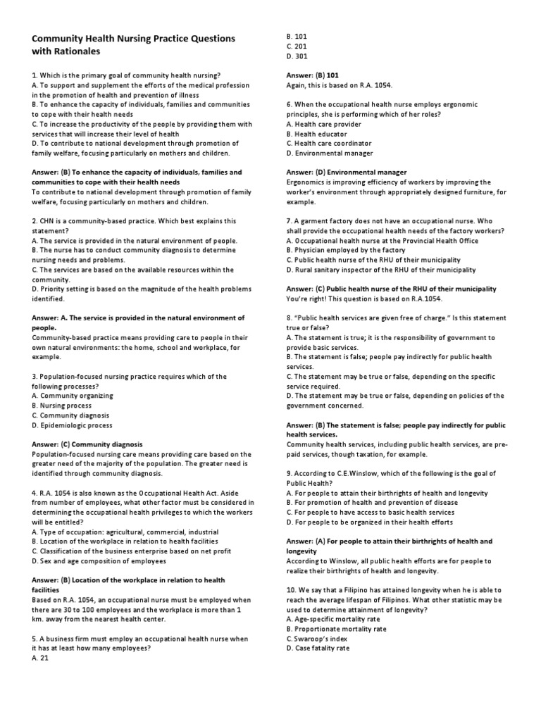 Community Health Nursing Practice Questions With Rationales | PDF