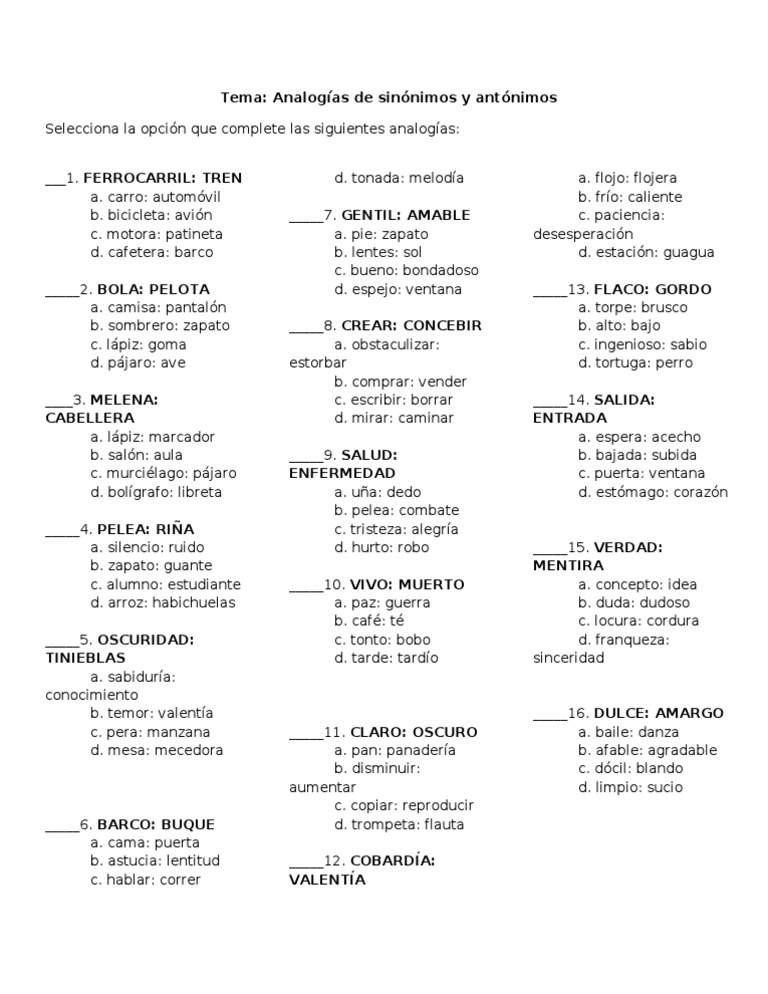Analogias de Sinonimos y Antonimos | PDF | Naturaleza | Ocio