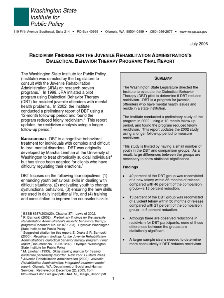 Recidivism Findings For The Juvenile Rehabilitation Administrations