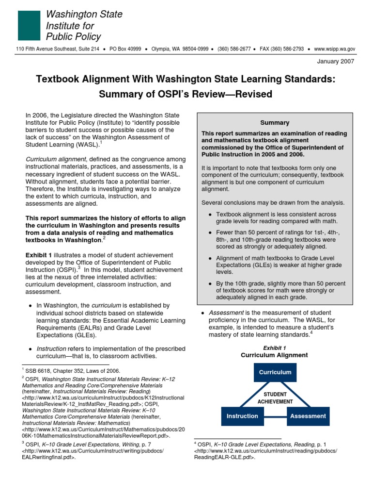 Textbook Alignment With Washington State Learning Standards: Summary of ...