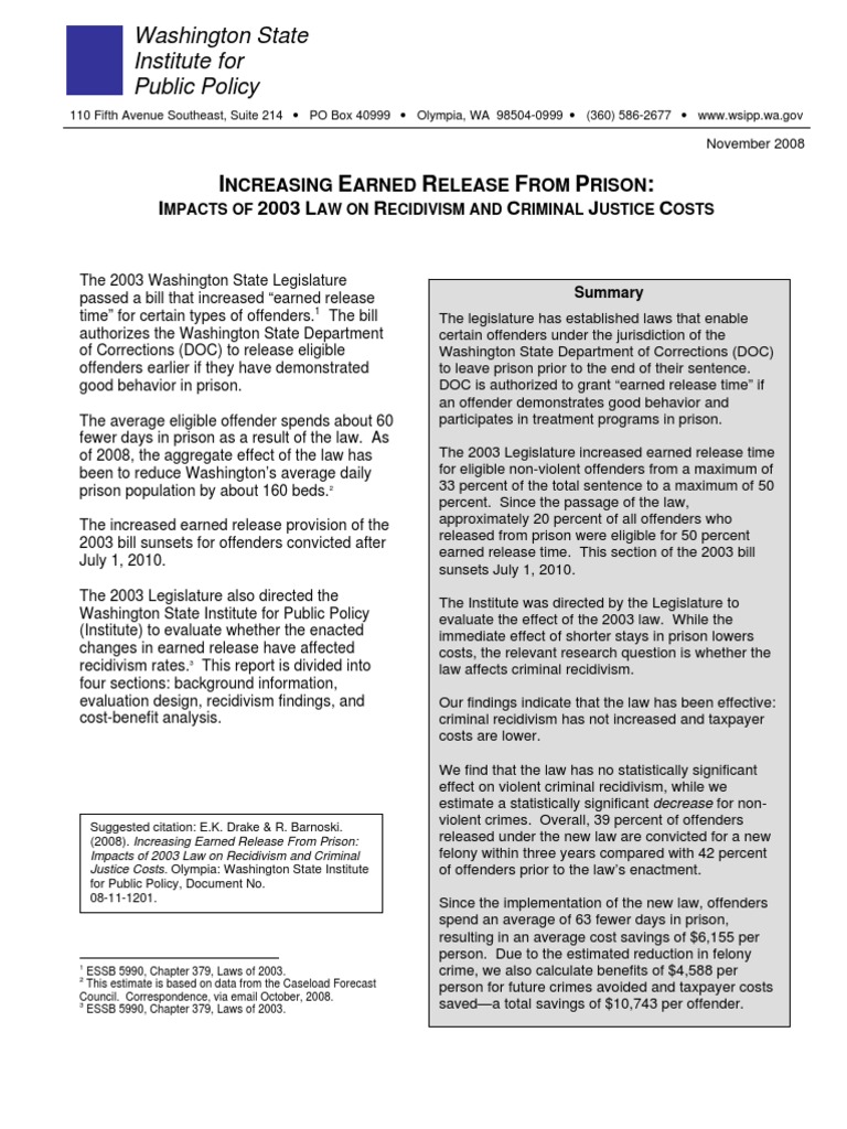 Increasing Earned Release From Prison: Impacts of 2003 Law On ...