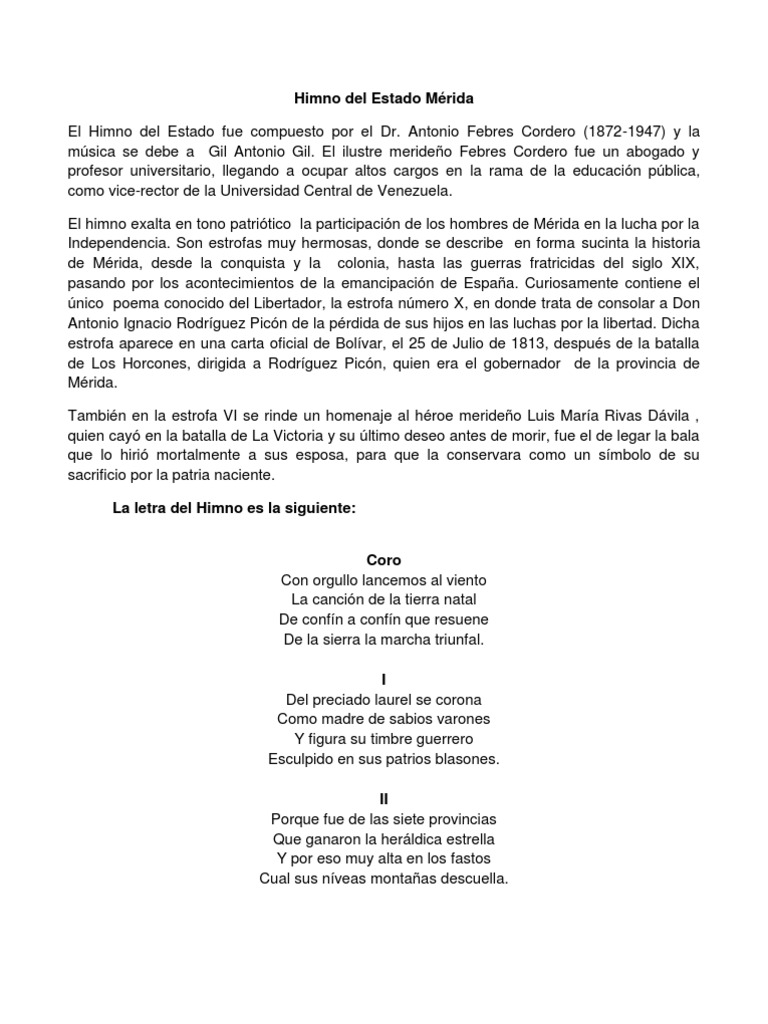 Himno del Estado Mérida: Letra y Origen | PDF | Agitación