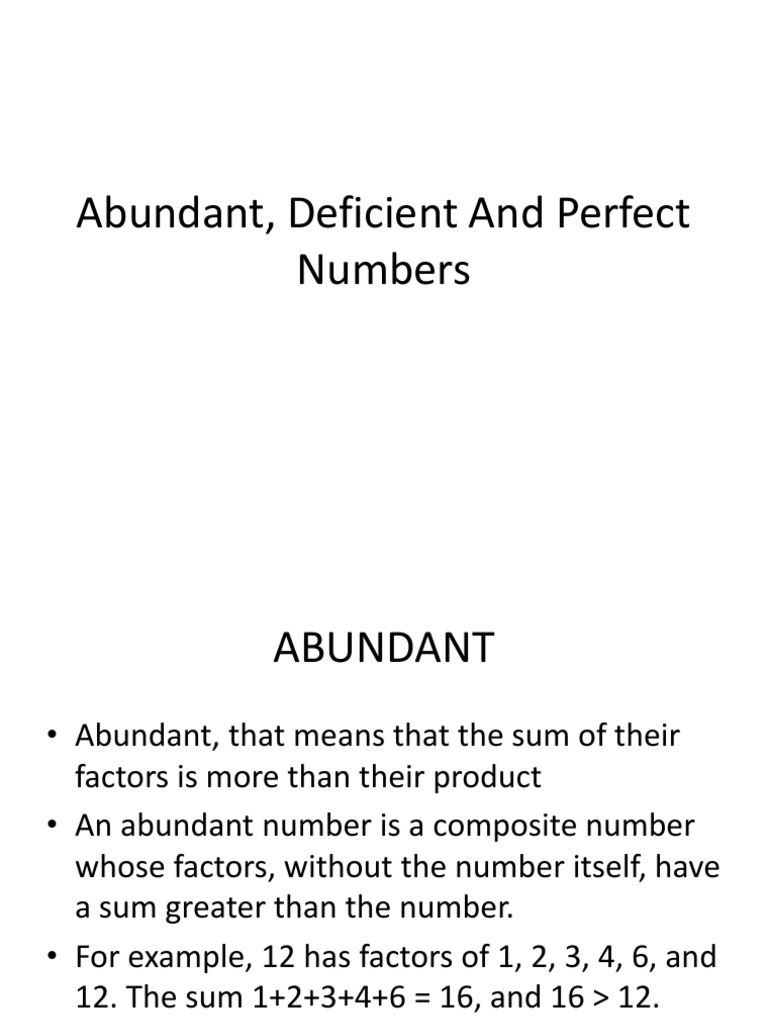 Abundant, Deficient and Perfect Numbers | PDF | Numbers | Prime Number