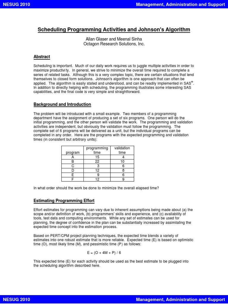 Scheduling Programming Activities and Johnson's Algorithm: Allan Glaser and Meenal Sinha Octagon ...