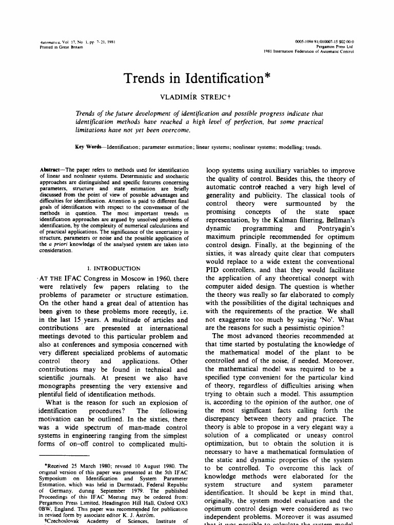 Trends in System Identification | PDF | Control Theory | Mathematical Model