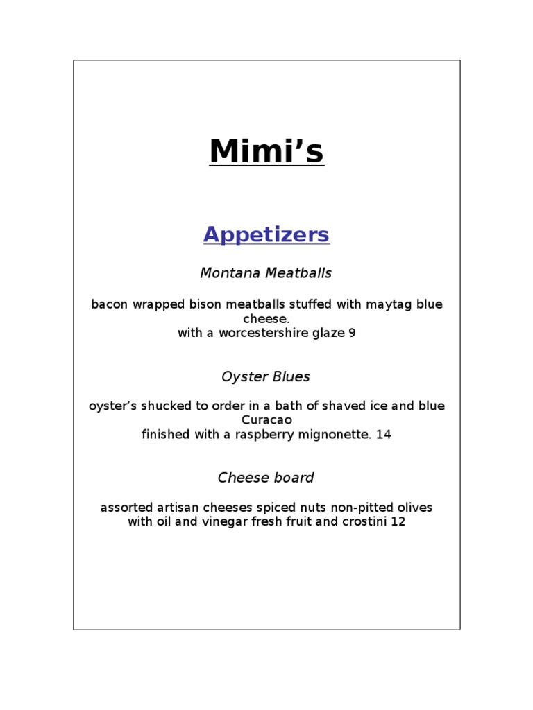Mimi's Menu: Appetizers to Drinks | PDF