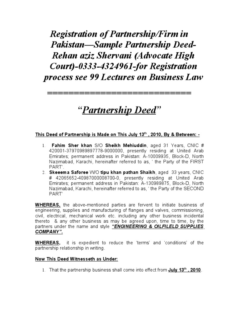 Registration of PartnershipFirm in Pakistan-Sample Partnership Deed ...