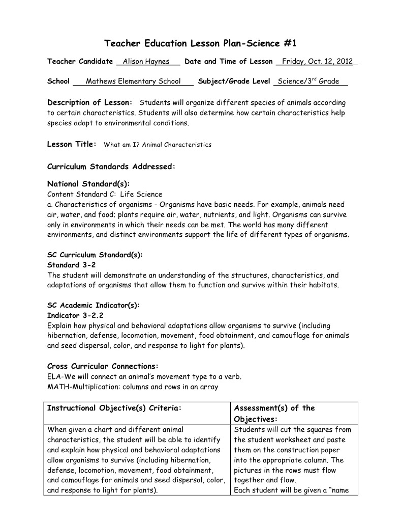 Teacher Education Lesson Plan-Science #1 | PDF | Animal Locomotion ...