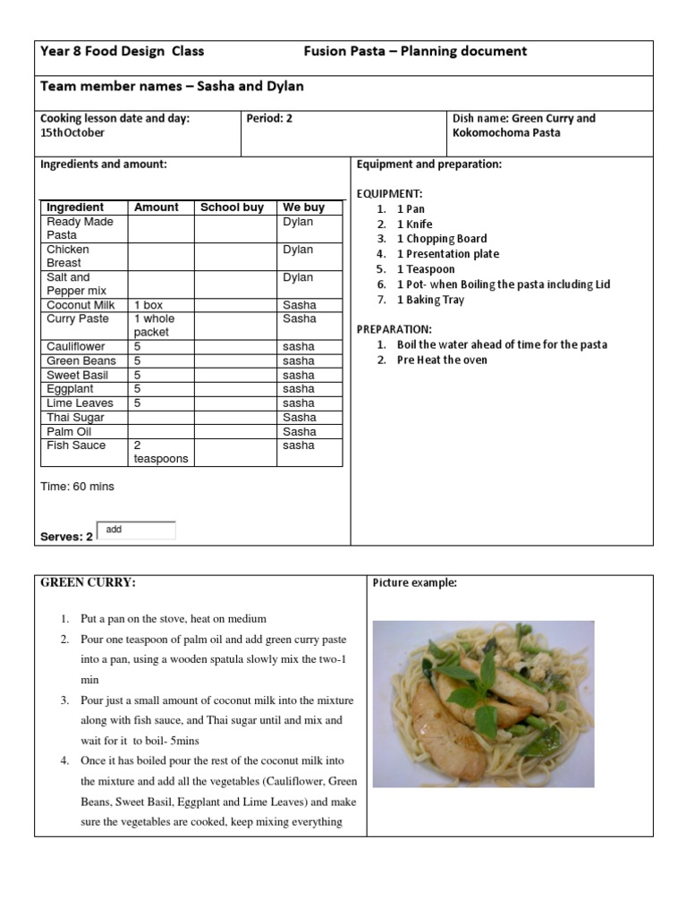 Year 8 Fusion Pasta Planning Guide | PDF