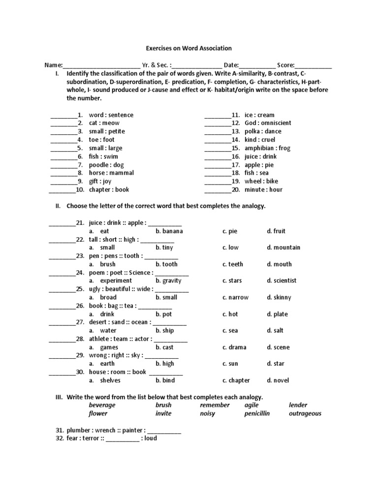Exercises On Word Association | PDF | Beverages | Nature