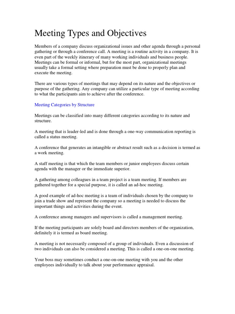 Meeting Types and Objectives | PDF | Performance Appraisal | Epistemology