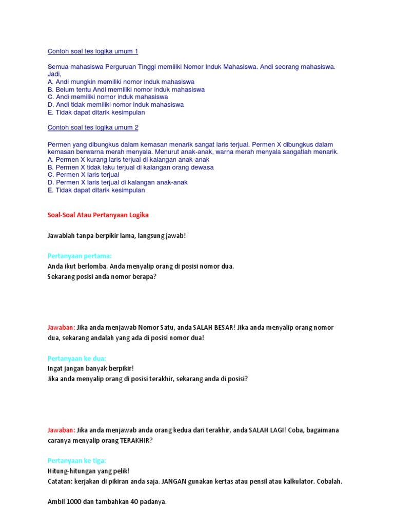 Soal Tes Logika dan Jawabannya | PDF