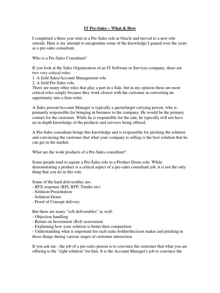 IT Pre-Sales - My Experiences | PDF | Request For Proposal | Sales