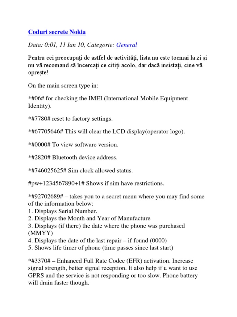 Coduri Secrete Nokia | PDF | Mobile Technology | Telecommunications