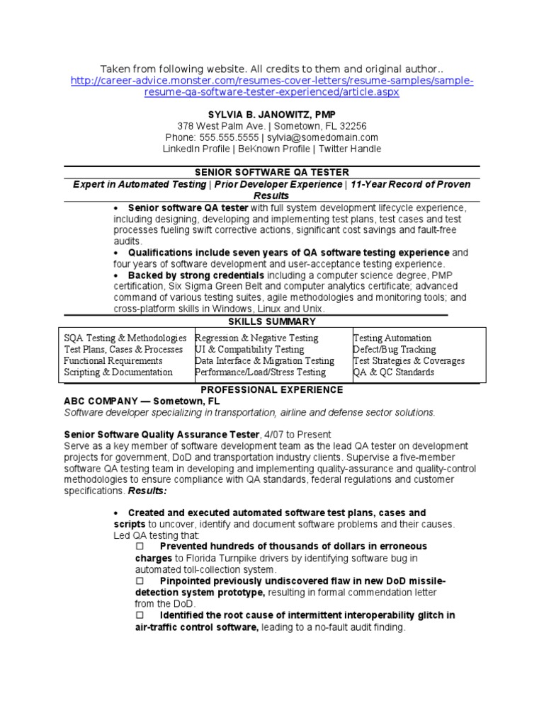 Senior QA Tester Resume Sample | PDF | Quality Assurance | Software Bug