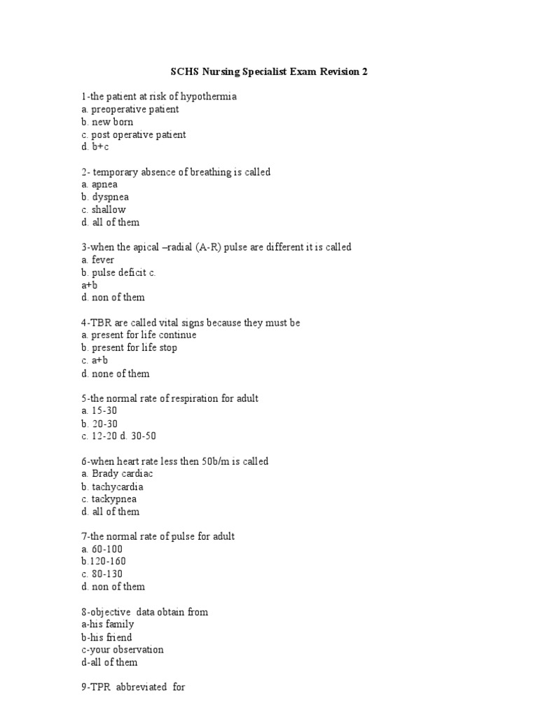Schs Nursing Specialist Exam Revision 2 Pdf Shock Circulatory Heart