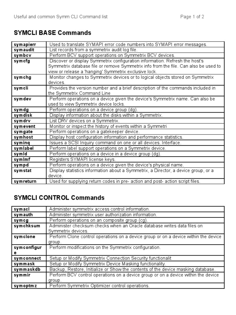 SYMCLI BASE Commands: Useful and Common Symm CLI Command List Page 1 of 2 | PDF | Computer File ...
