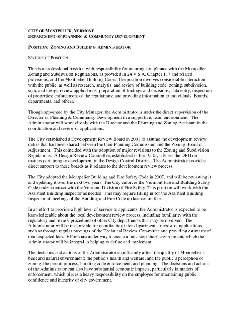 Montpelier Zoning and Building Administrator Job Description | PDF ...