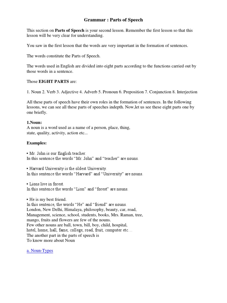 Grammar: Parts of Speech: 1.noun | PDF | Adverb | Part Of Speech