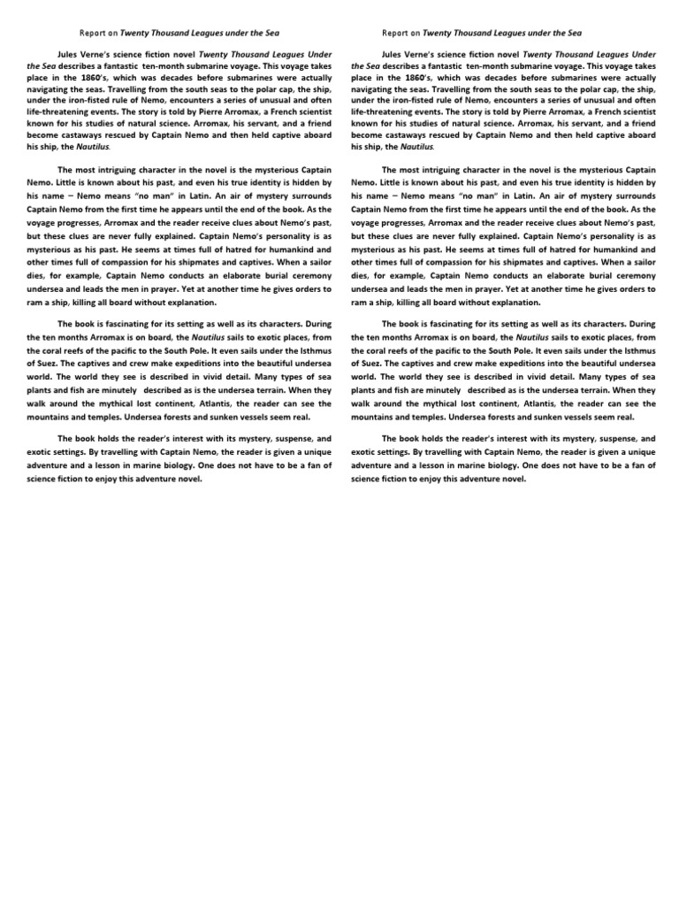 Book Report Sample | PDF | Twenty Thousand Leagues Under The Sea ...