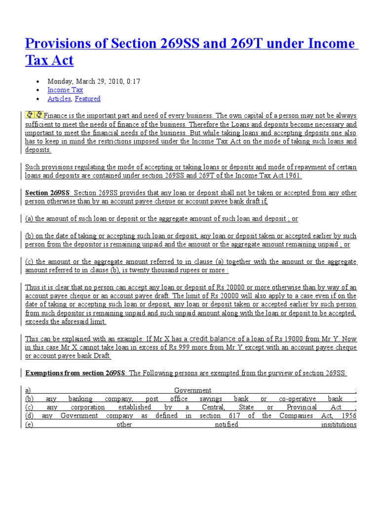 Section 269SS and Section 269T | PDF | Cheque | Loans