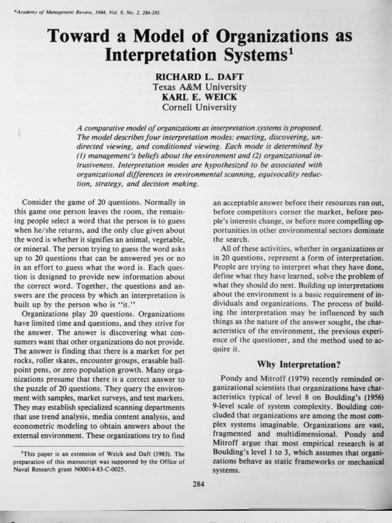 Toward A Model of Organizations As Interpretation Systems : Texas A&M ...