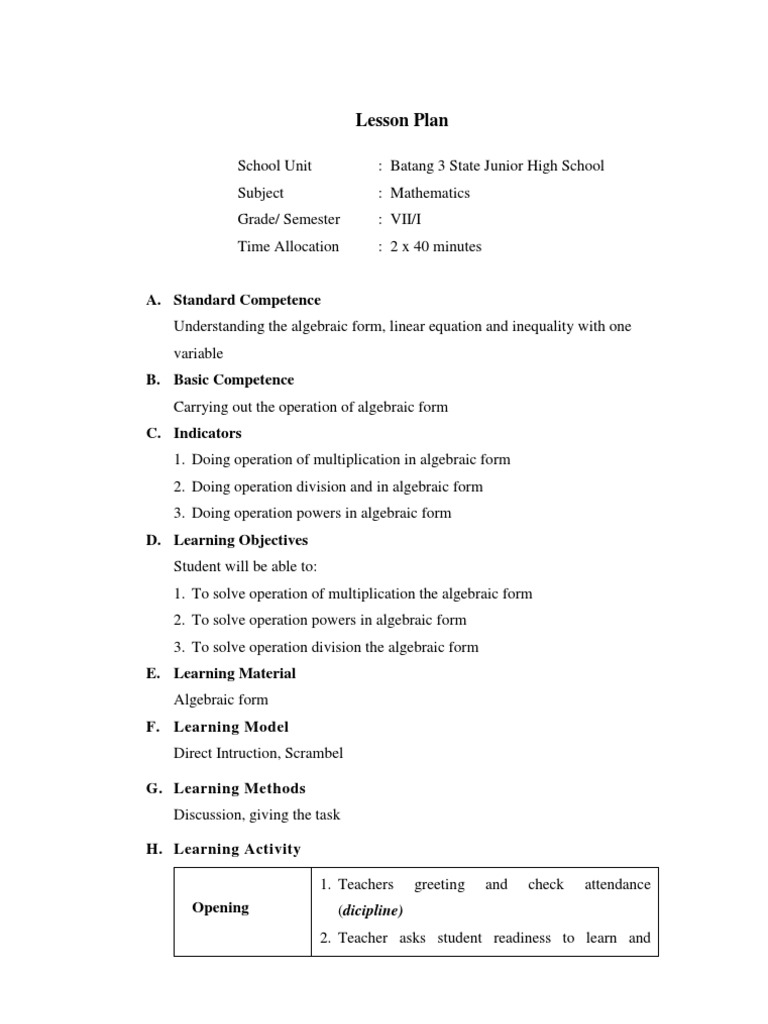 Lesson Plan: A. Standard Competence | PDF | Teachers | Group (Mathematics)