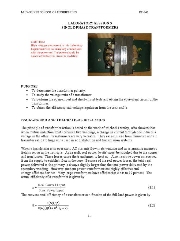 Laboratory Session 3 Single-Phase Transformers: Milwaukee School of ...