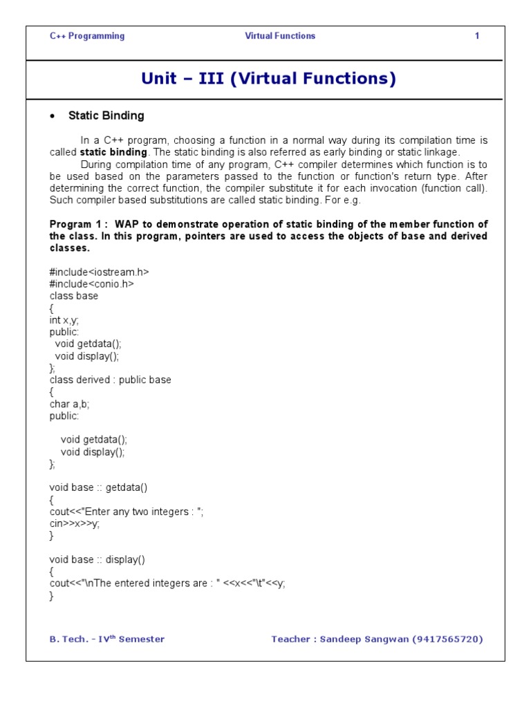 Unit Iii Virtual Functions Static Binding Pdf C Class Computer Programming