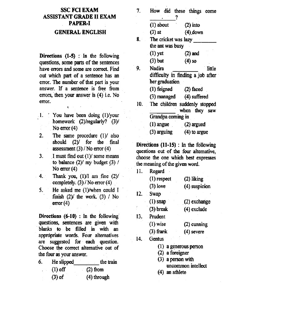 SSC FCI Grade II Exam Paper I Solved Question Paper | PDF