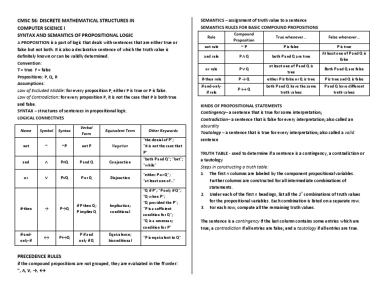 CMSC 56 Handout 1 - Syntax and Semantics of Propositional Logic | PDF | Logic | Proposition