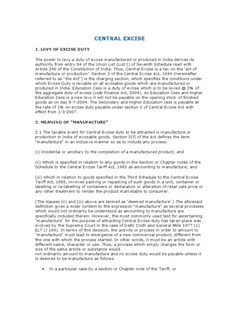 Central Excise: 1. Levy of Excise Duty | PDF | Discounts And Allowances ...