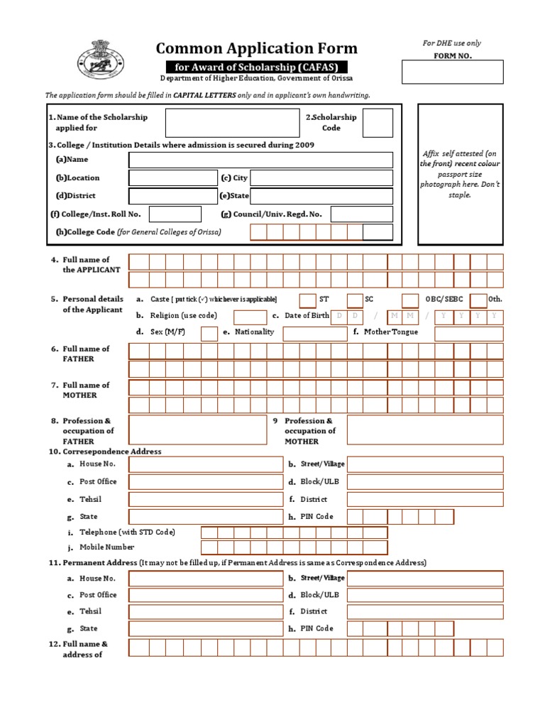 Common Application Form: For Award of Scholarship (CAFAS) | PDF ...