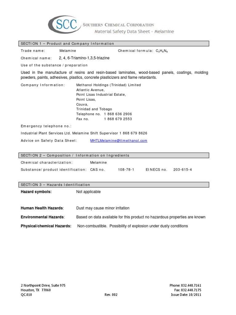 Melamine Safety Data Sheet | PDF | Personal Protective Equipment | Toxicity