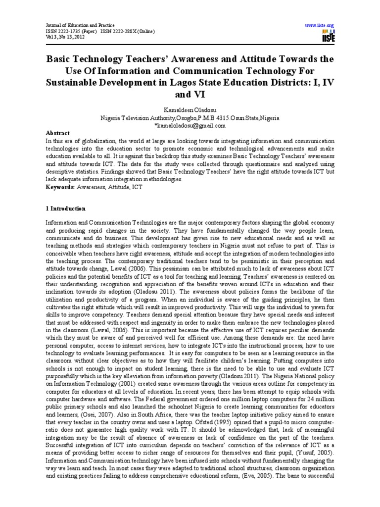 Basic Technology Teachers' Awareness and Attitude Towards The Use of ...
