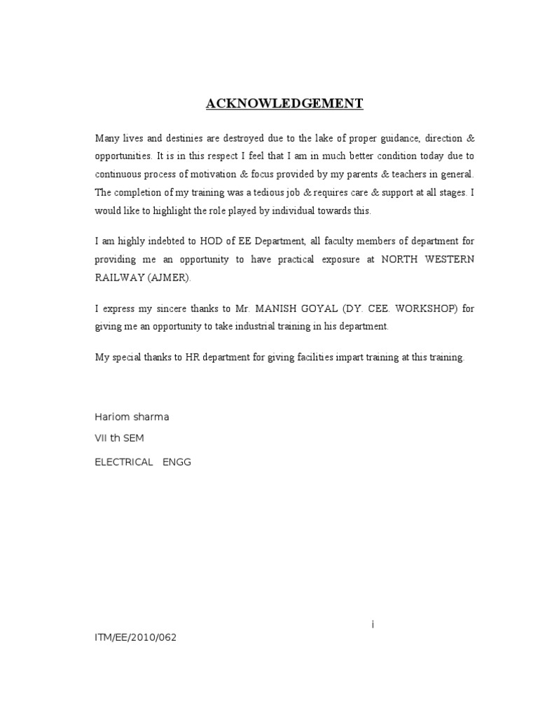 Acknowledgement: Hariom Sharma Vii TH Sem Electrical Engg | PDF | Transformer | Electrical ...