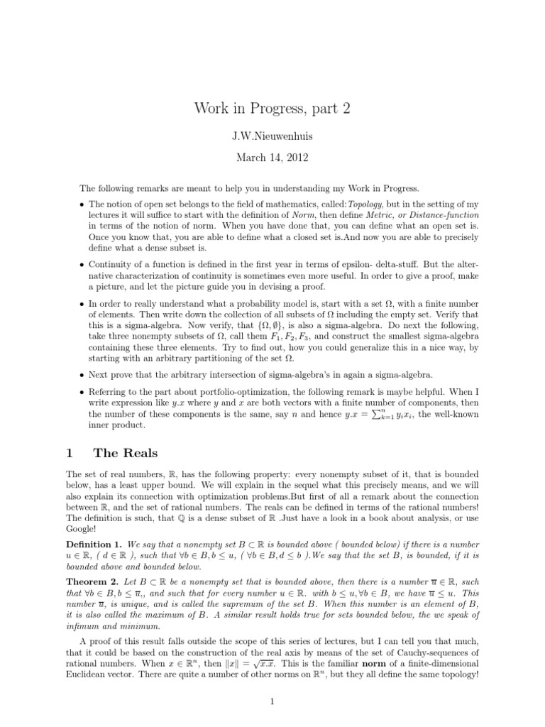 Work in Progress, Part 2: 1 The Reals | Download Free PDF | Stochastic ...