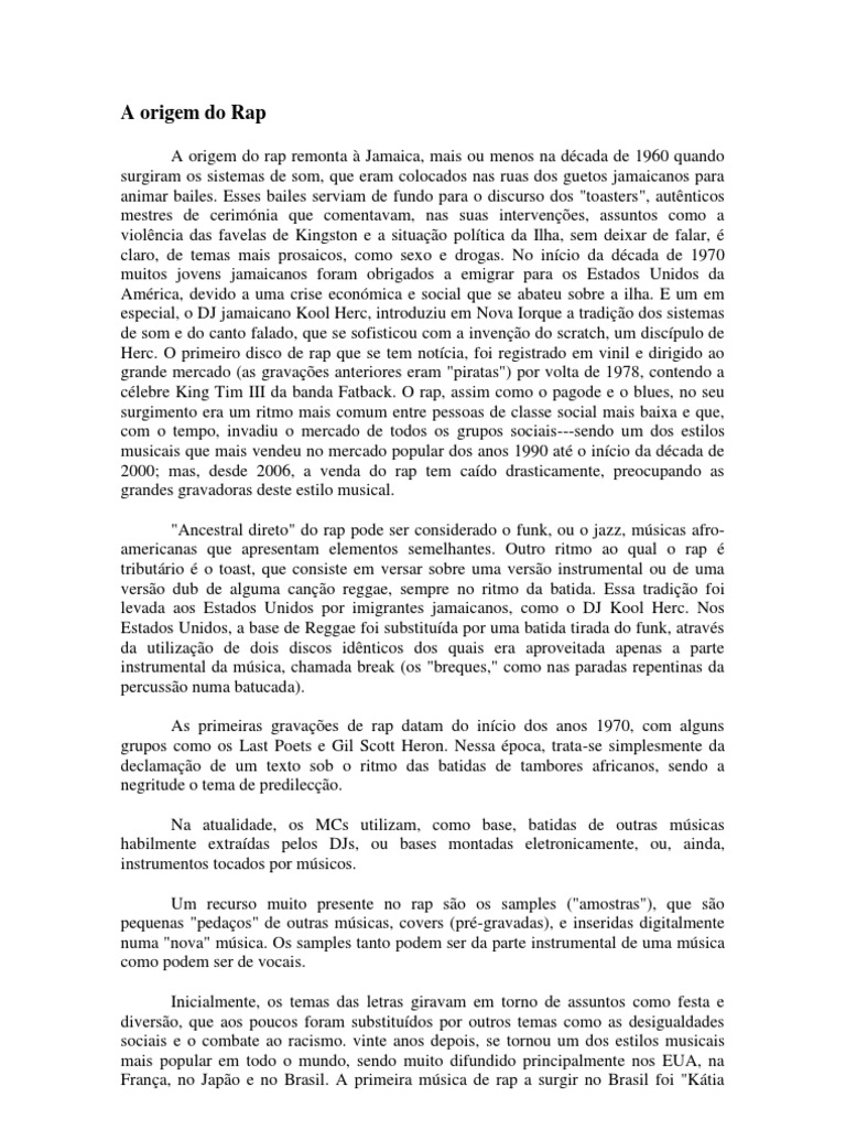 A Origem Do Rap | PDF | Rap (gênero musical) | Música popular