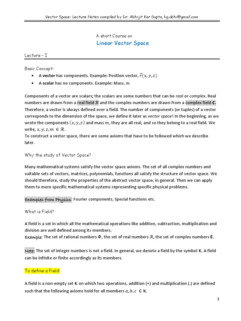 Vector Space A Set Of Lectures Pdf Eigenvalues And Eigenvectors Matrix Mathematics