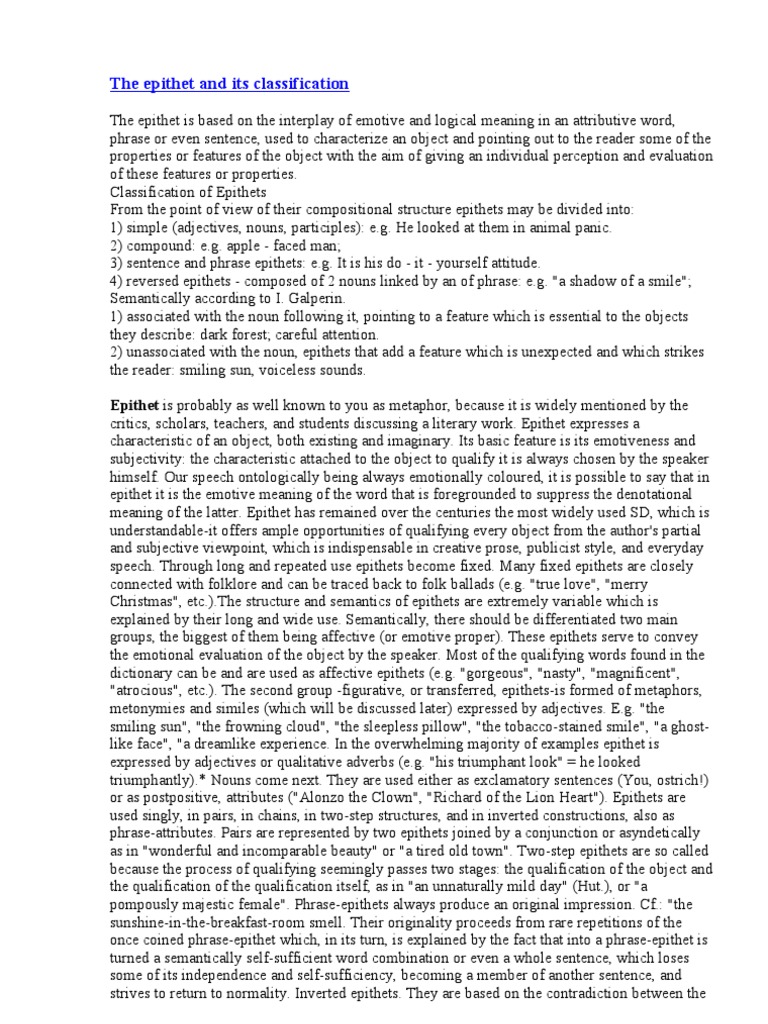 Analysis of Epithets: Classification, Structure, Semantics and Examples ...